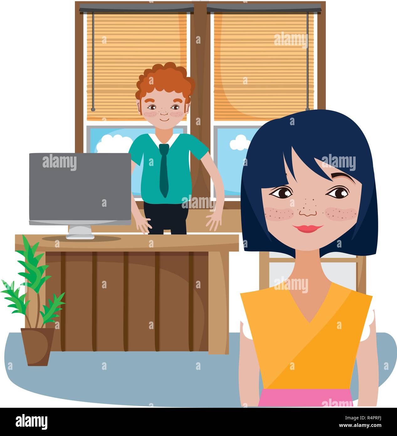 Business coworkers inside office building cartoon scenery vector ...