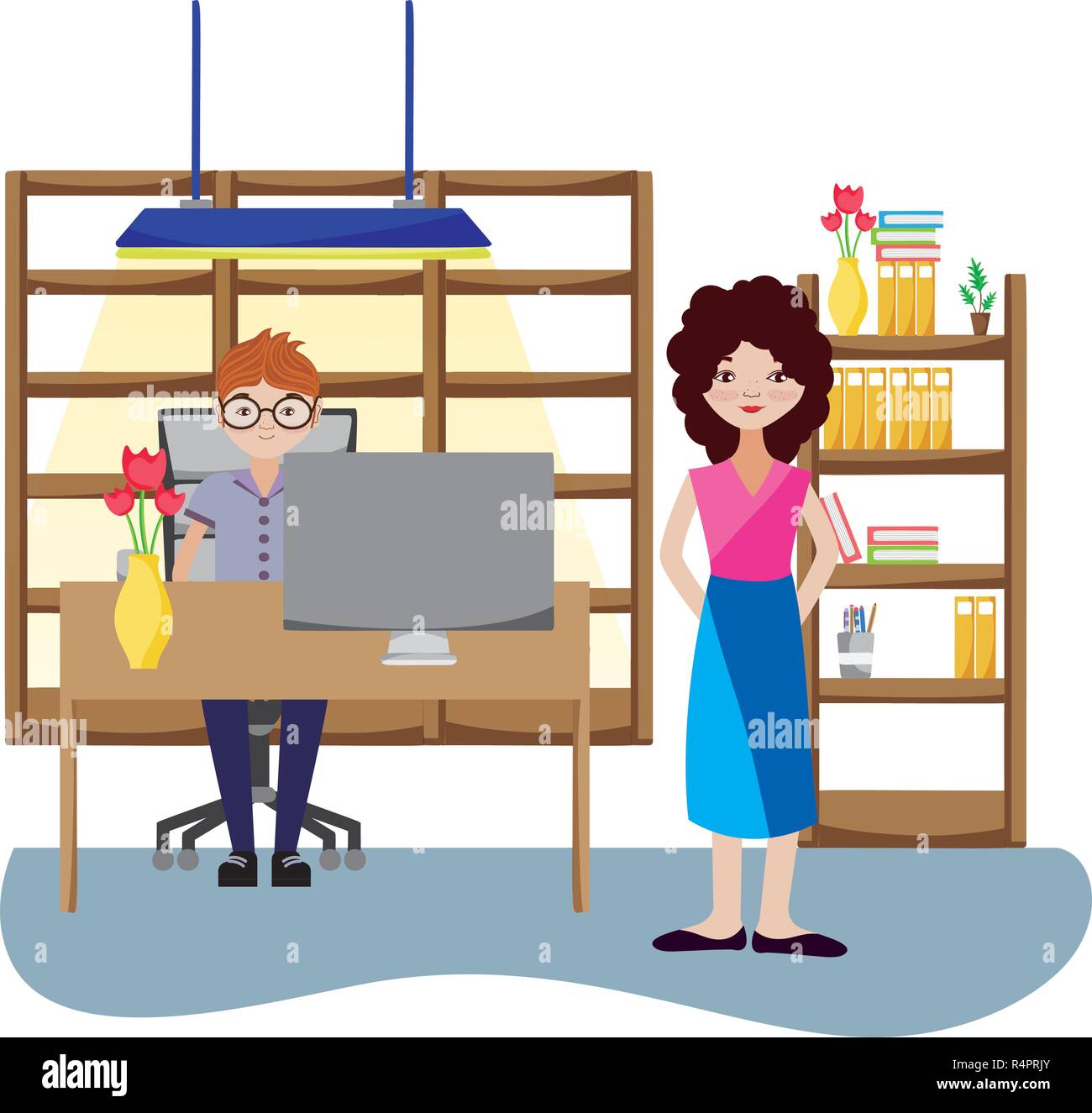 Business coworkers inside office building cartoon scenery vector ...