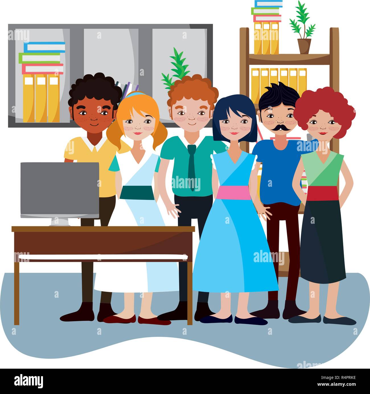 Coworkers inside office building scenery cartoons vector illustration ...