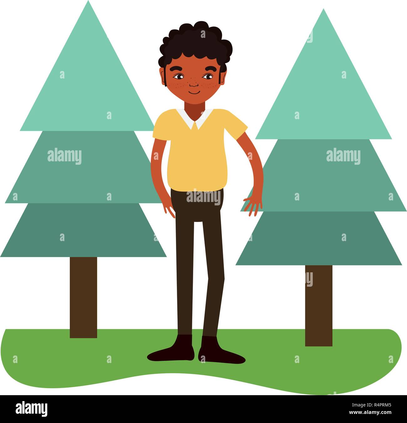 Young man smiling cartoon at park with trees vector illustration ...