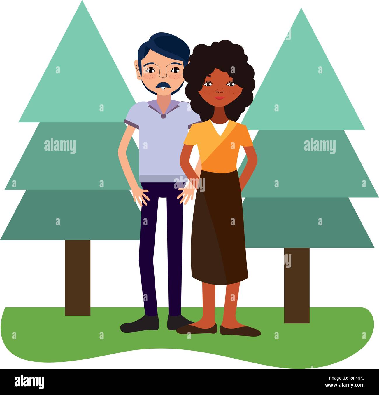 Couple woman and man smiling cartoon at nature park vector illustration ...