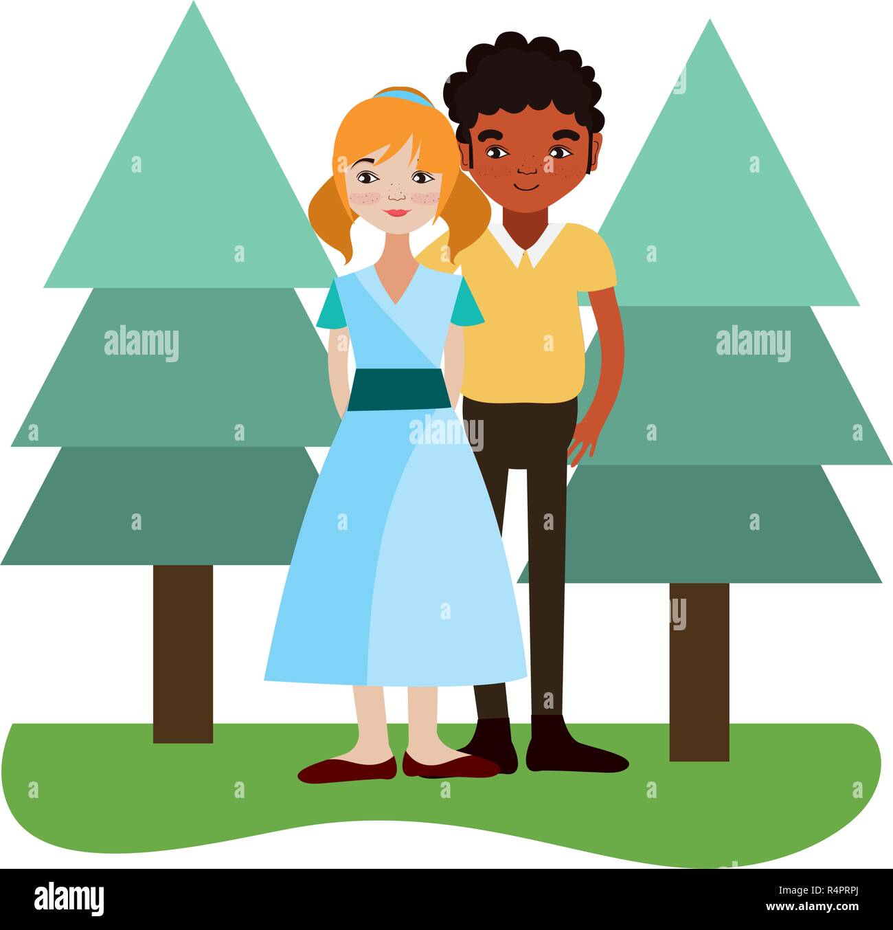 Couple woman and man smiling cartoon at nature park vector illustration ...