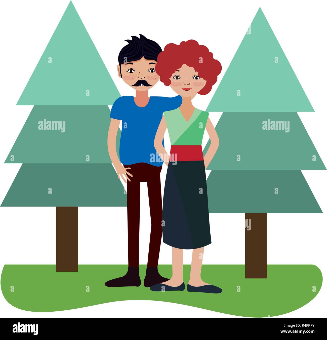 Couple woman and man smiling cartoon at nature park vector illustration ...