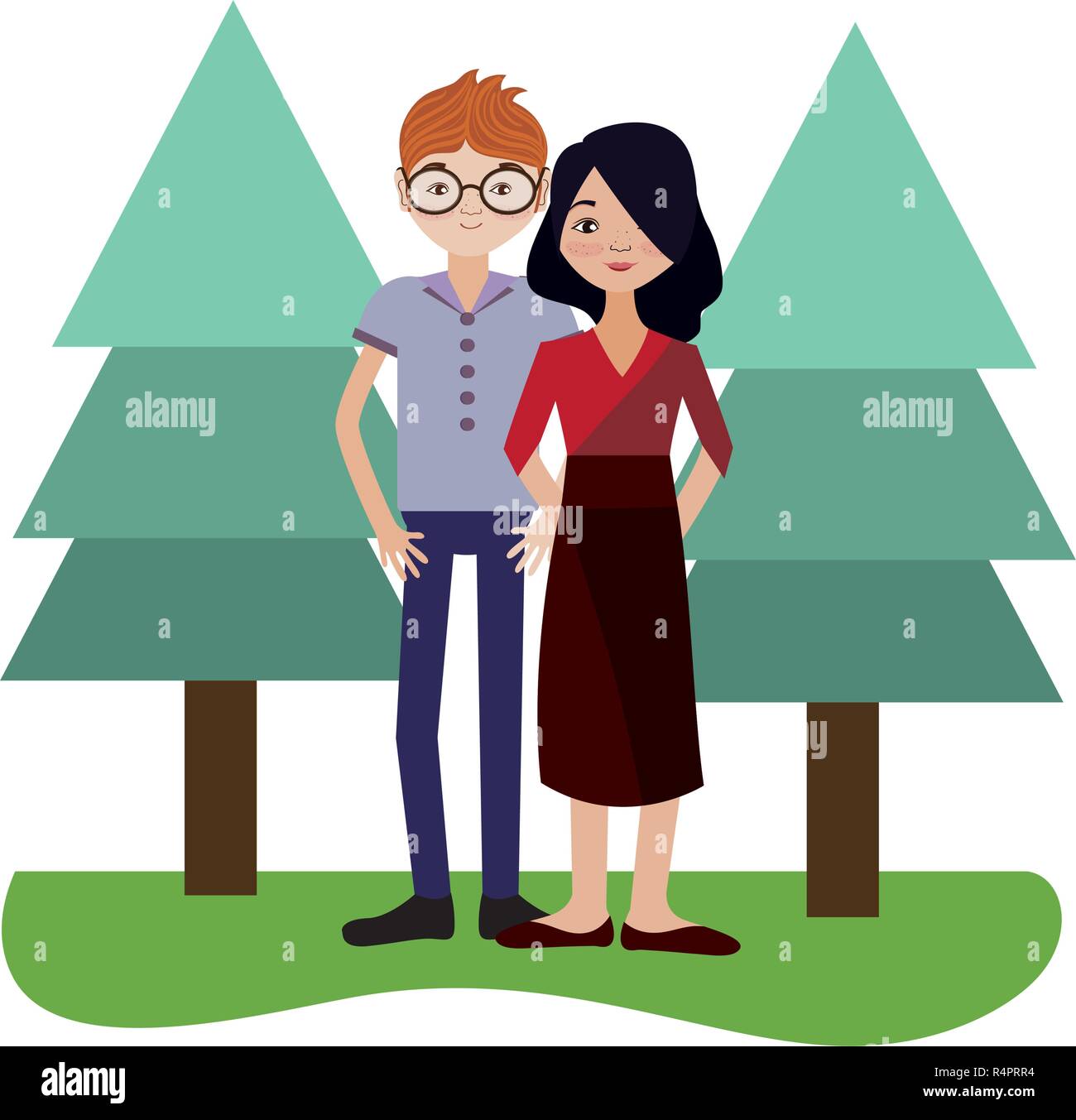 Couple woman and man smiling cartoon at nature park vector illustration ...