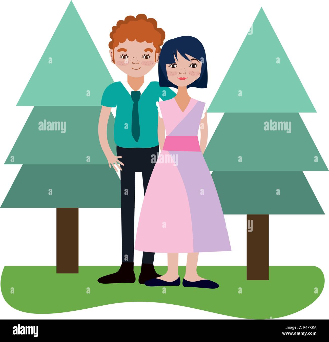 Couple woman and man smiling cartoon at nature park vector illustration ...