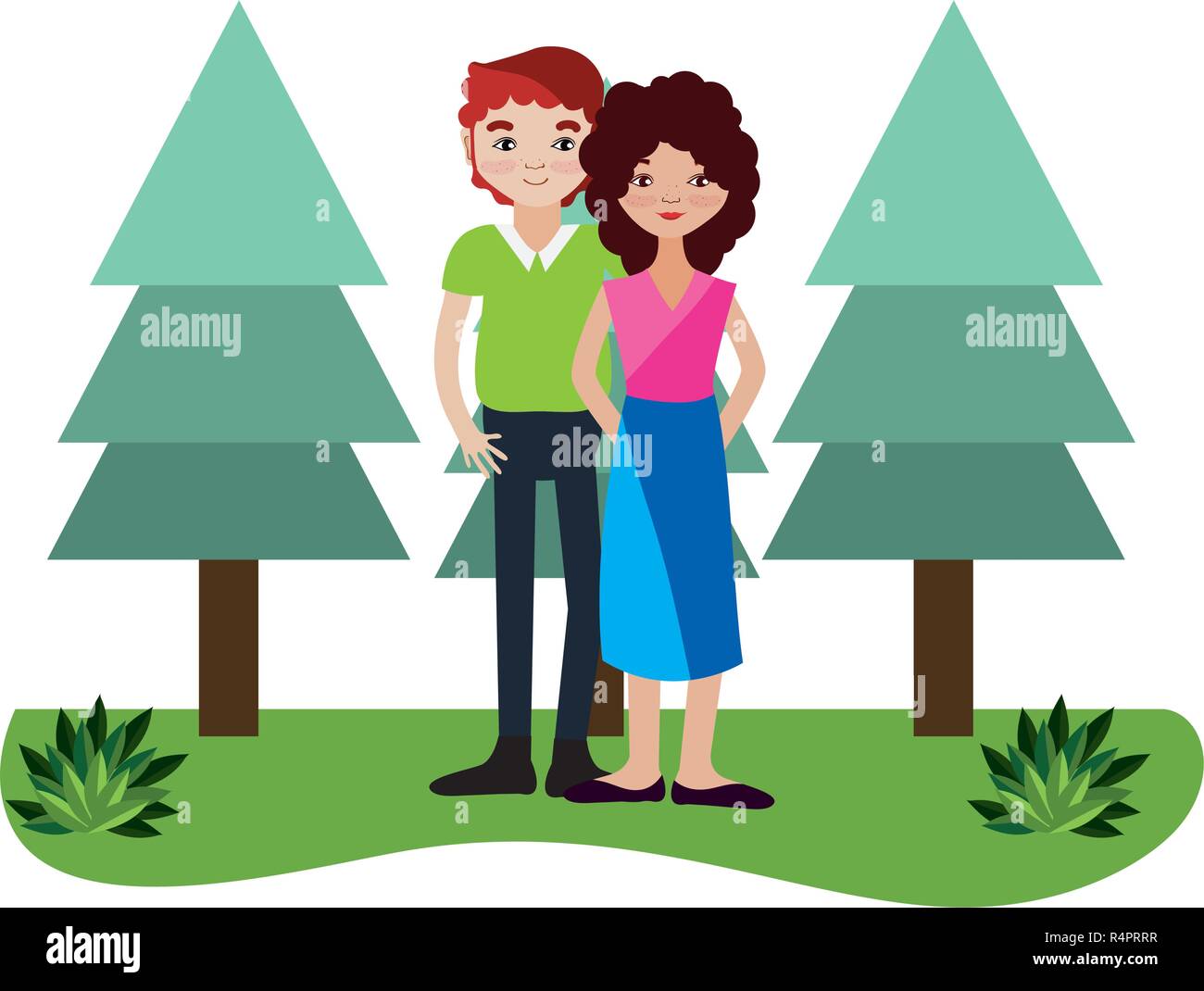 Couple woman and man smiling cartoon at nature park vector illustration ...