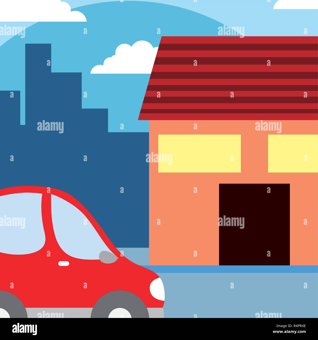 House with car over cityscape cartoon vector illustration graphic ...