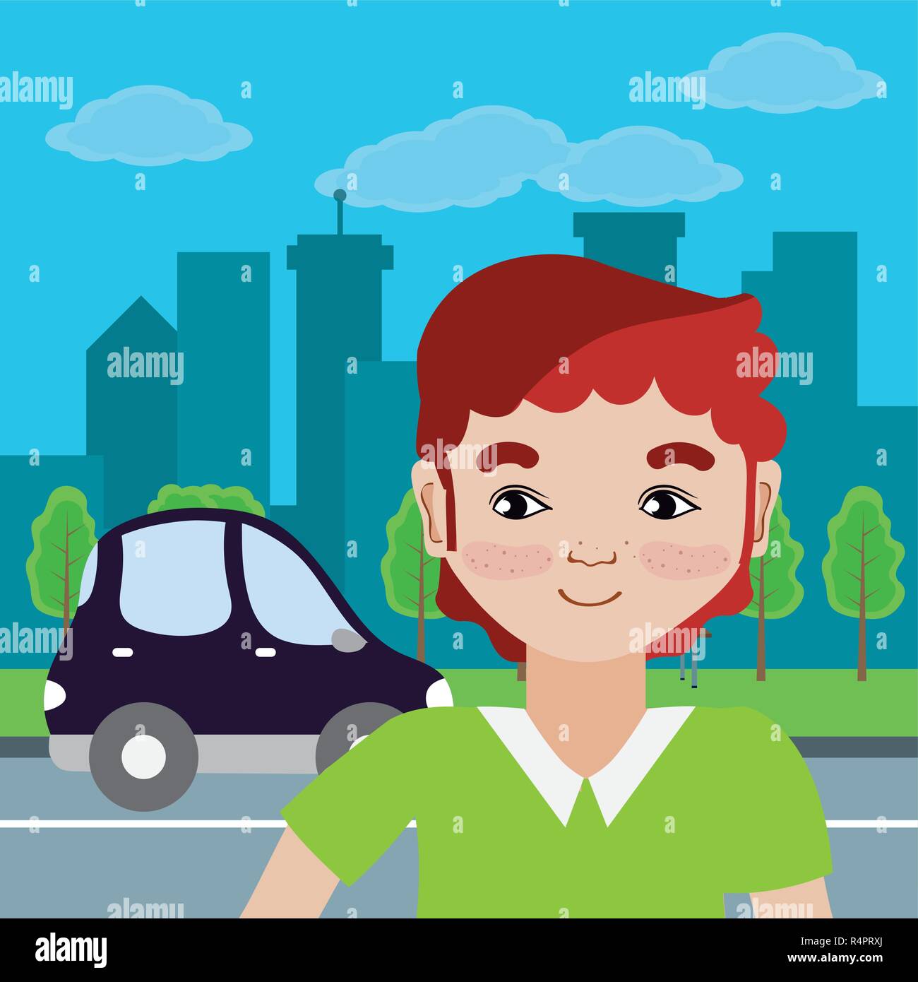 Young man smiling cartoon at city over street with car passing by ...