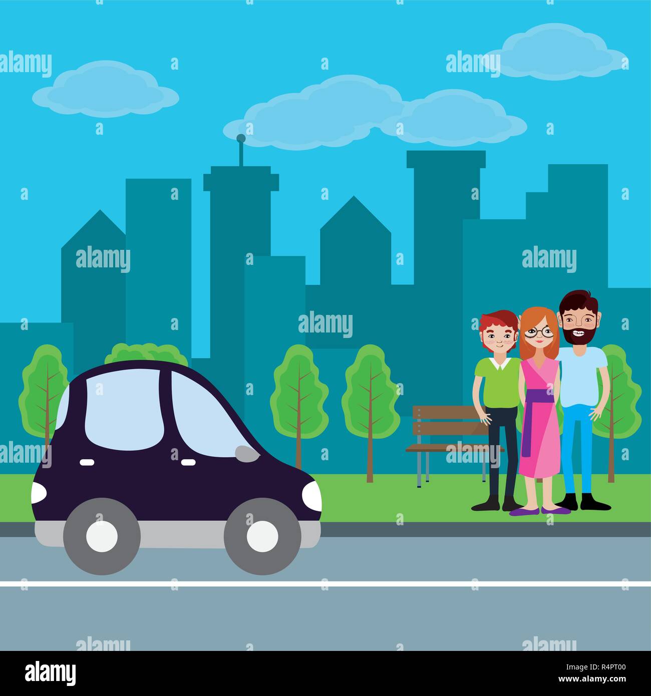 Cute family parents with son cartoon at city with car passing by park ...