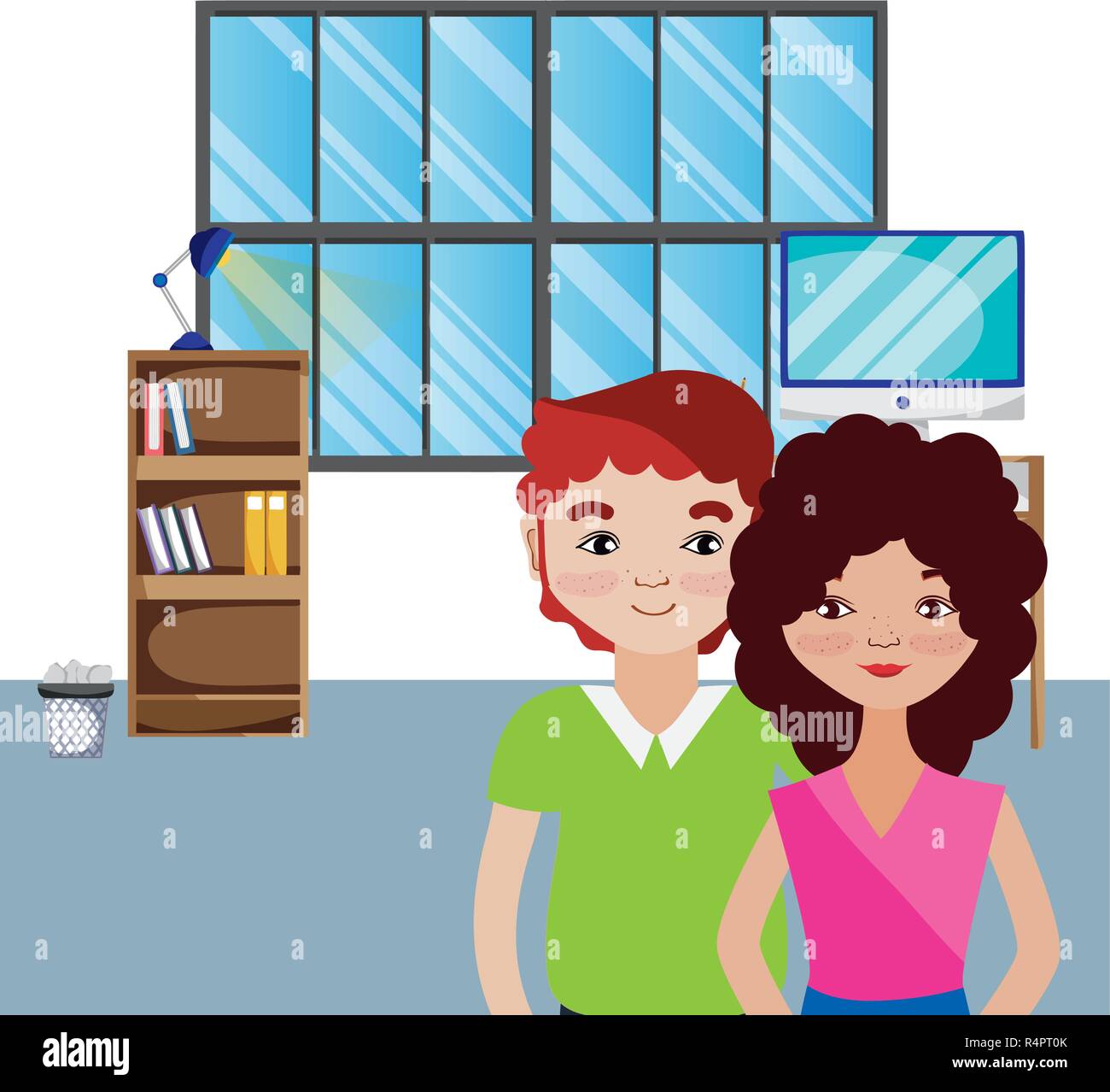 Couple woman and man smiling cartoon inside home apartment vector ...