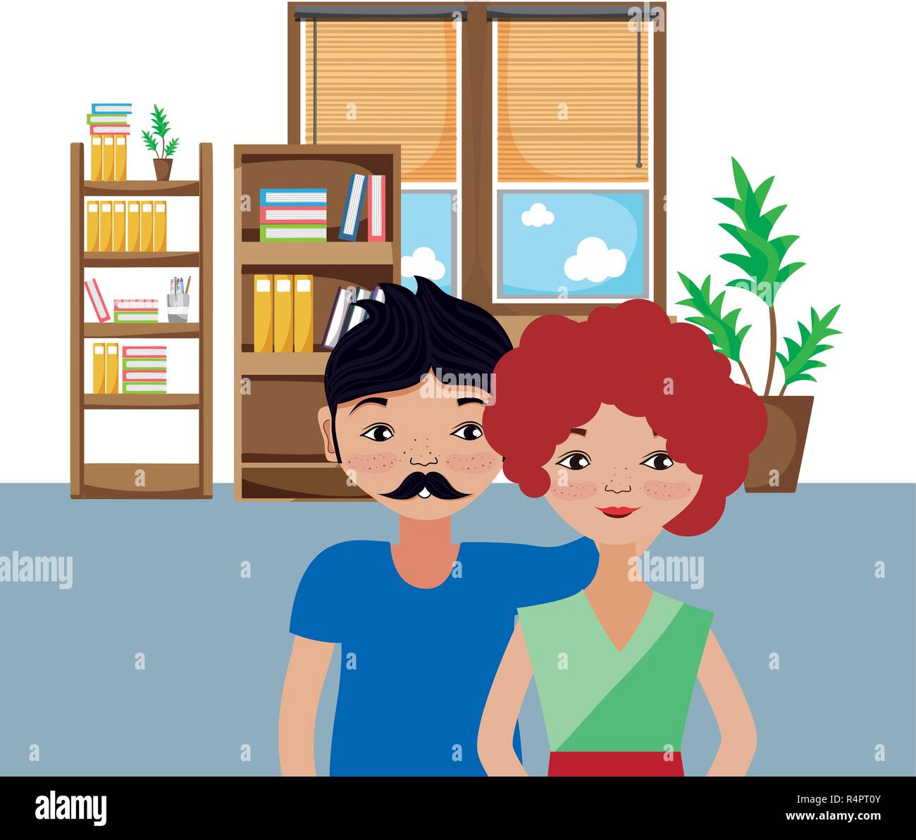 Couple woman and man smiling cartoon inside home apartment vector ...