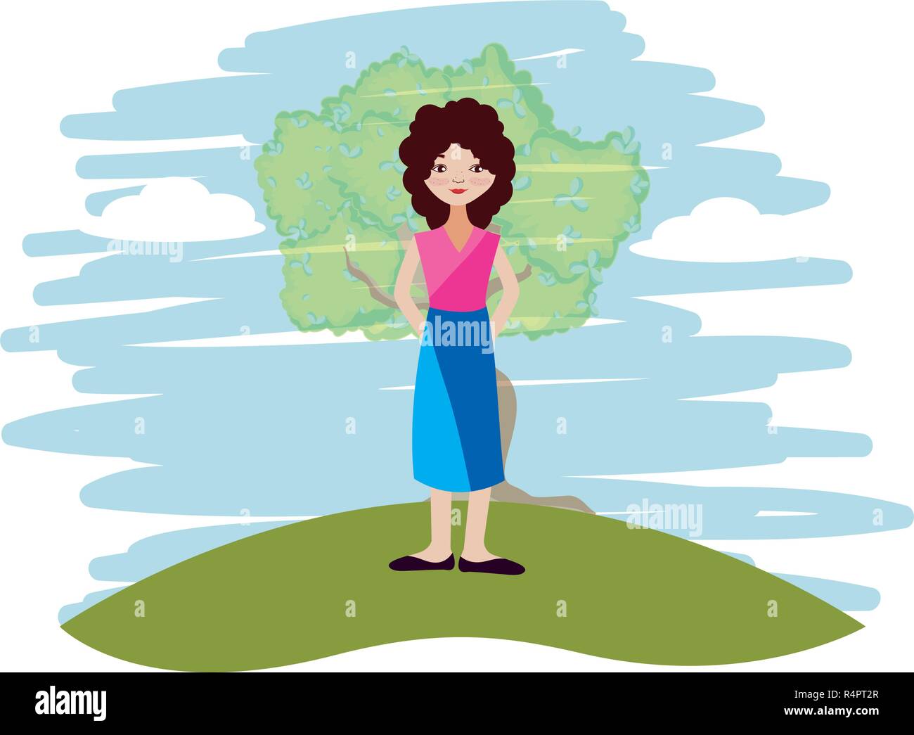 Young woman smiling cartoon at park with tree vector illustration ...