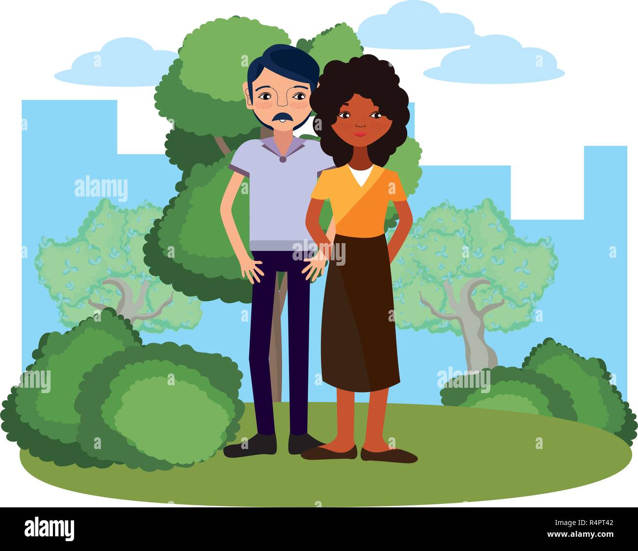Couple woman and man smiling cartoon on nature park vector illustration ...