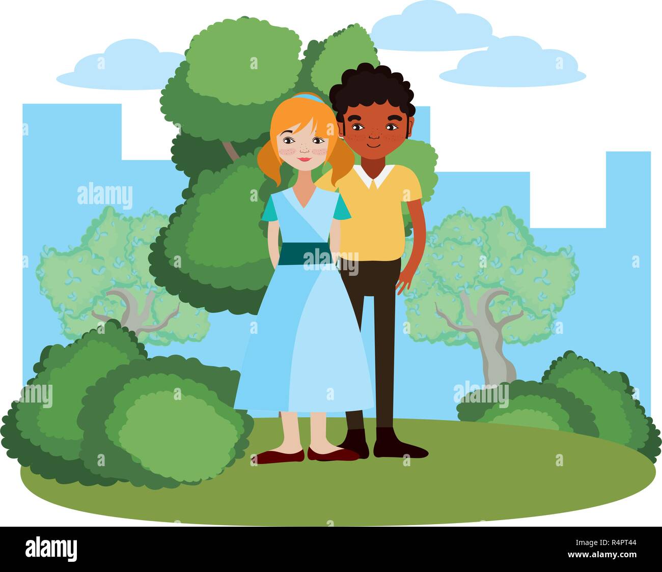 Couple woman and man smiling cartoon on nature park vector illustration ...