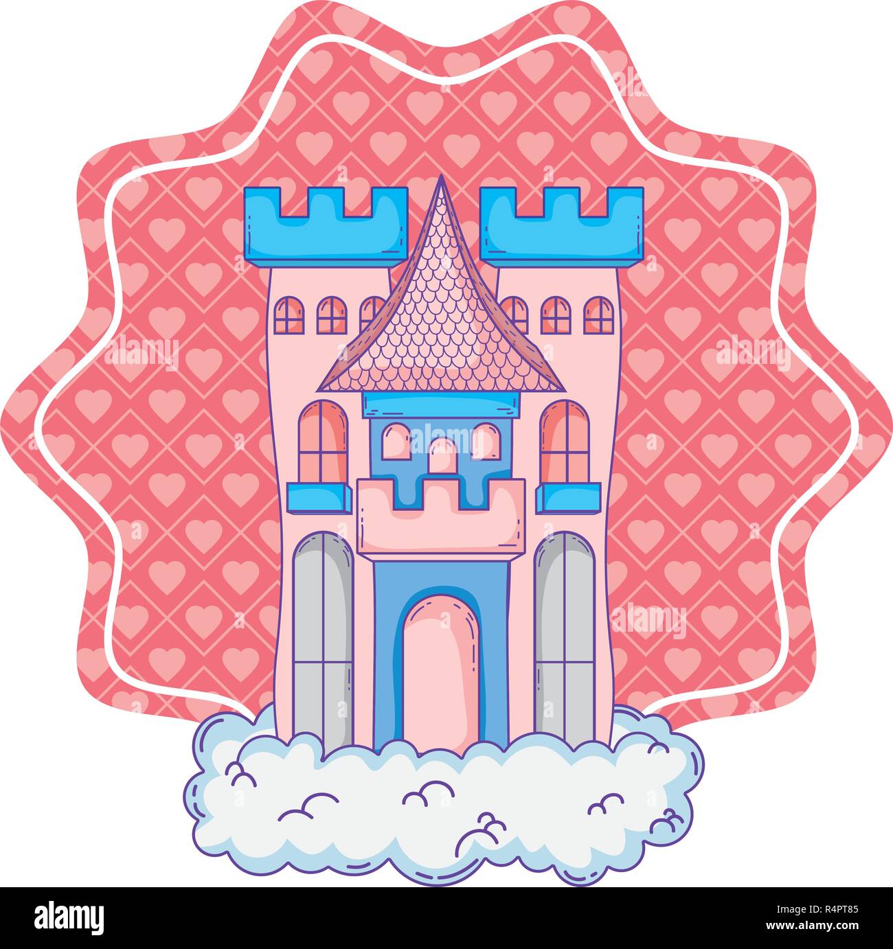 cute magic castle over clouds in front pink icon cartoon vector ...