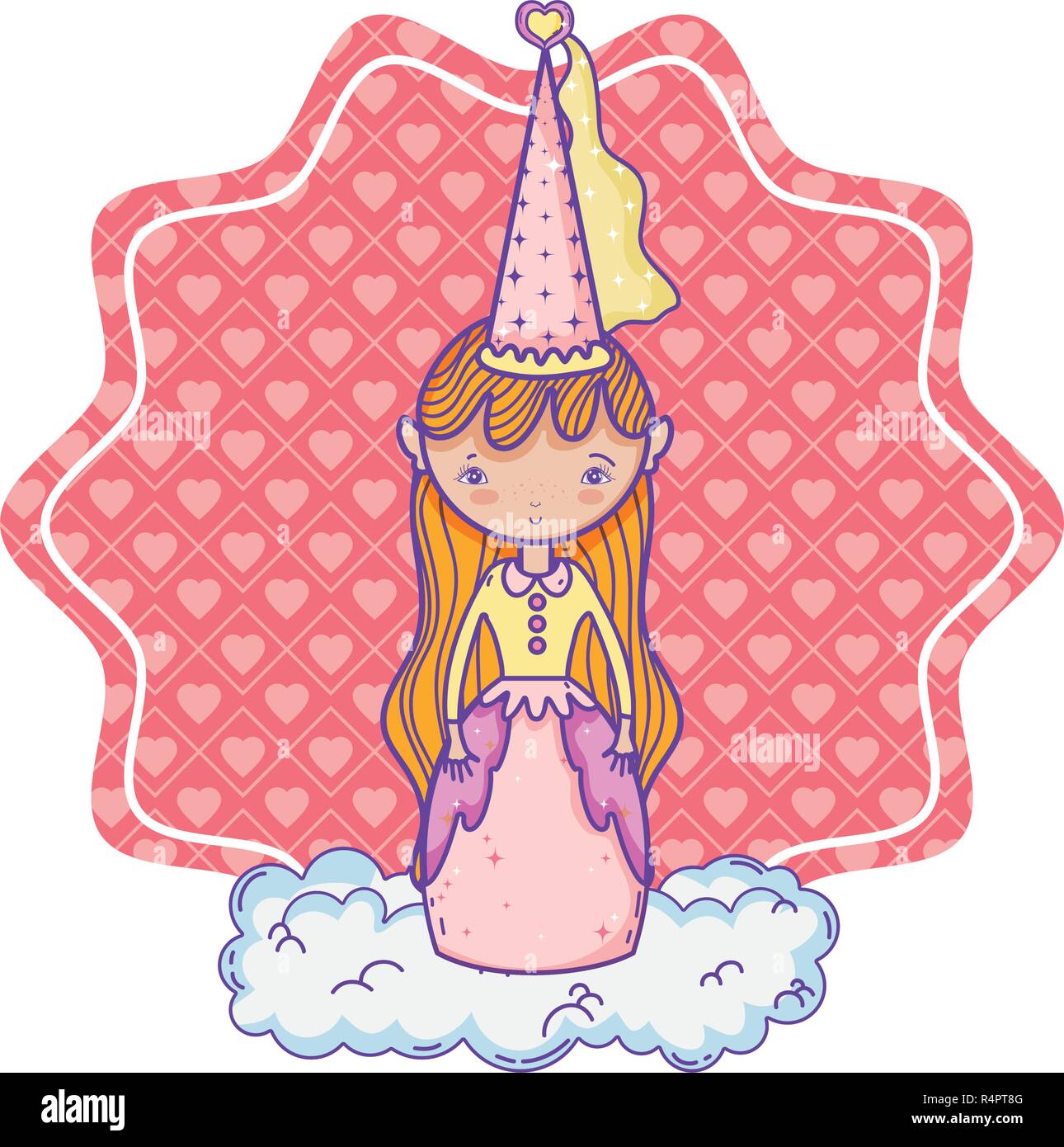 cute magic princess over cloud in front pink icon cartoon vector ...
