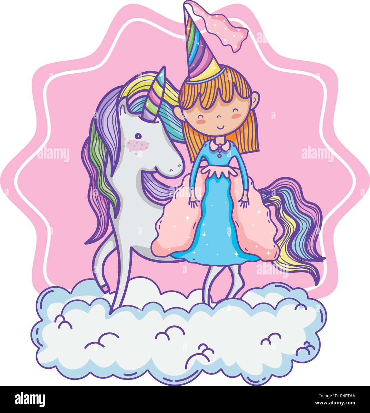 cute magic princess and unicorn over cloud in front pink icon cartoon ...