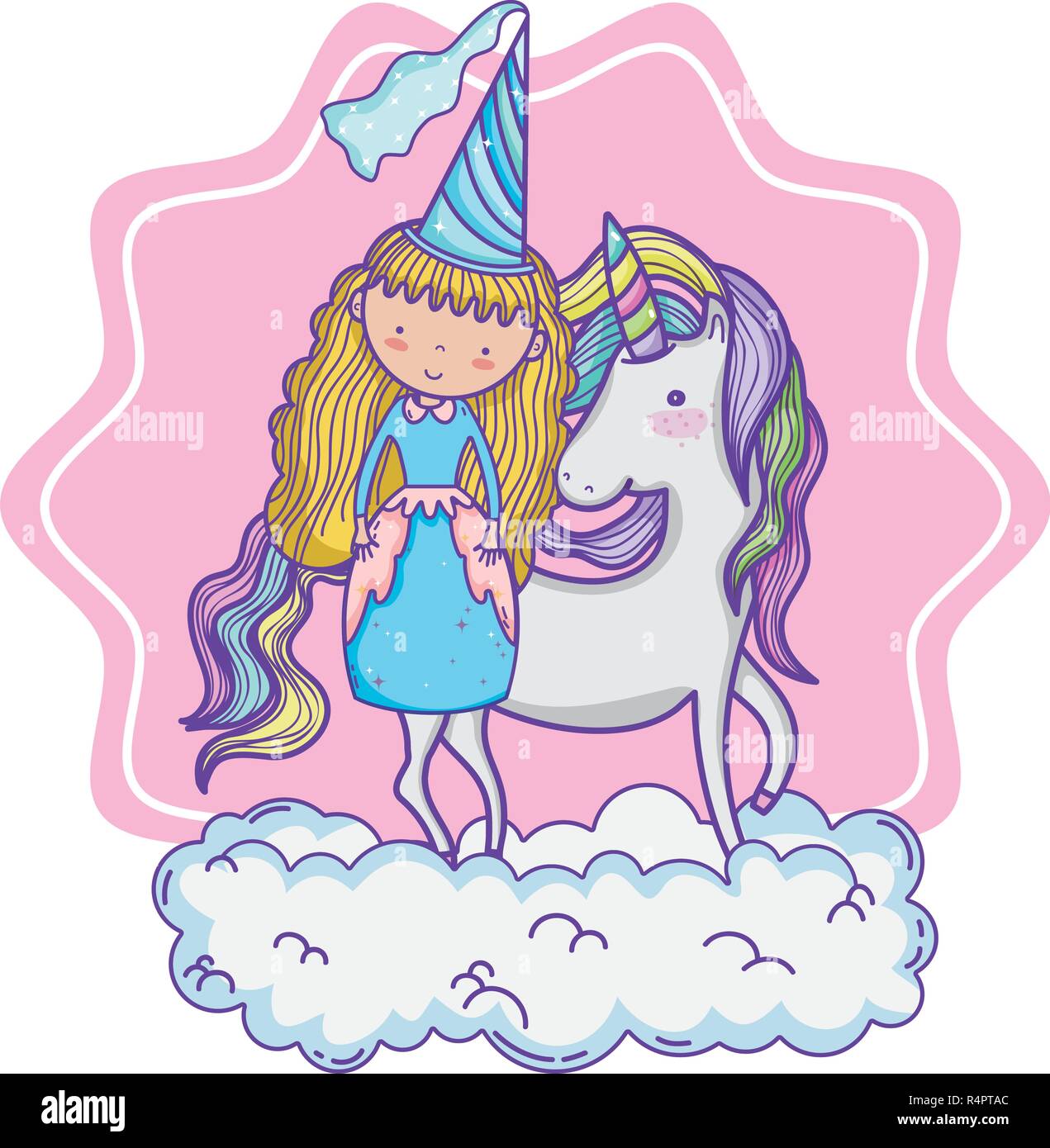 cute magic princess and unicorn over cloud in front pink icon cartoon ...