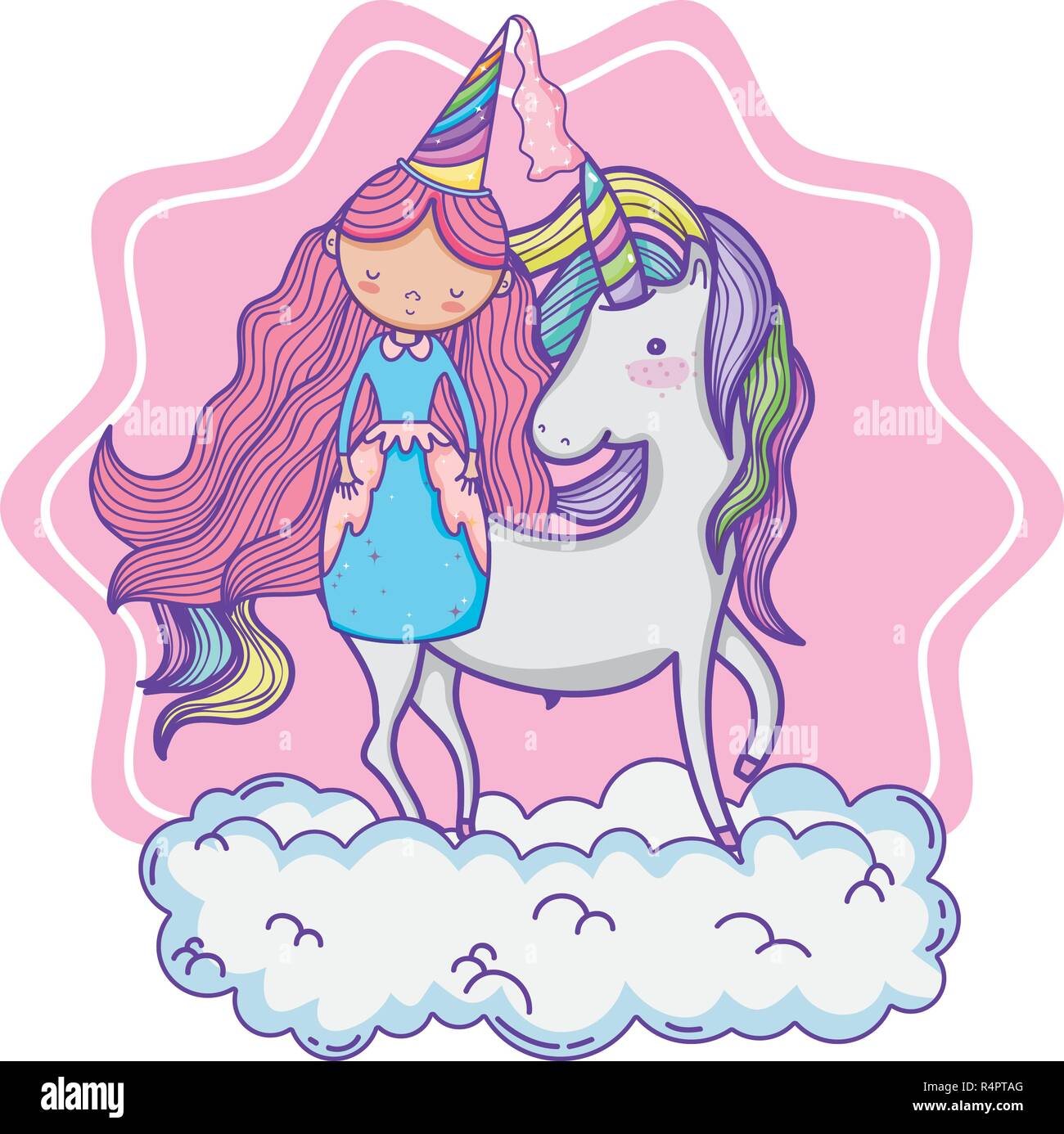 cute magic princess and unicorn over cloud in front pink icon cartoon ...