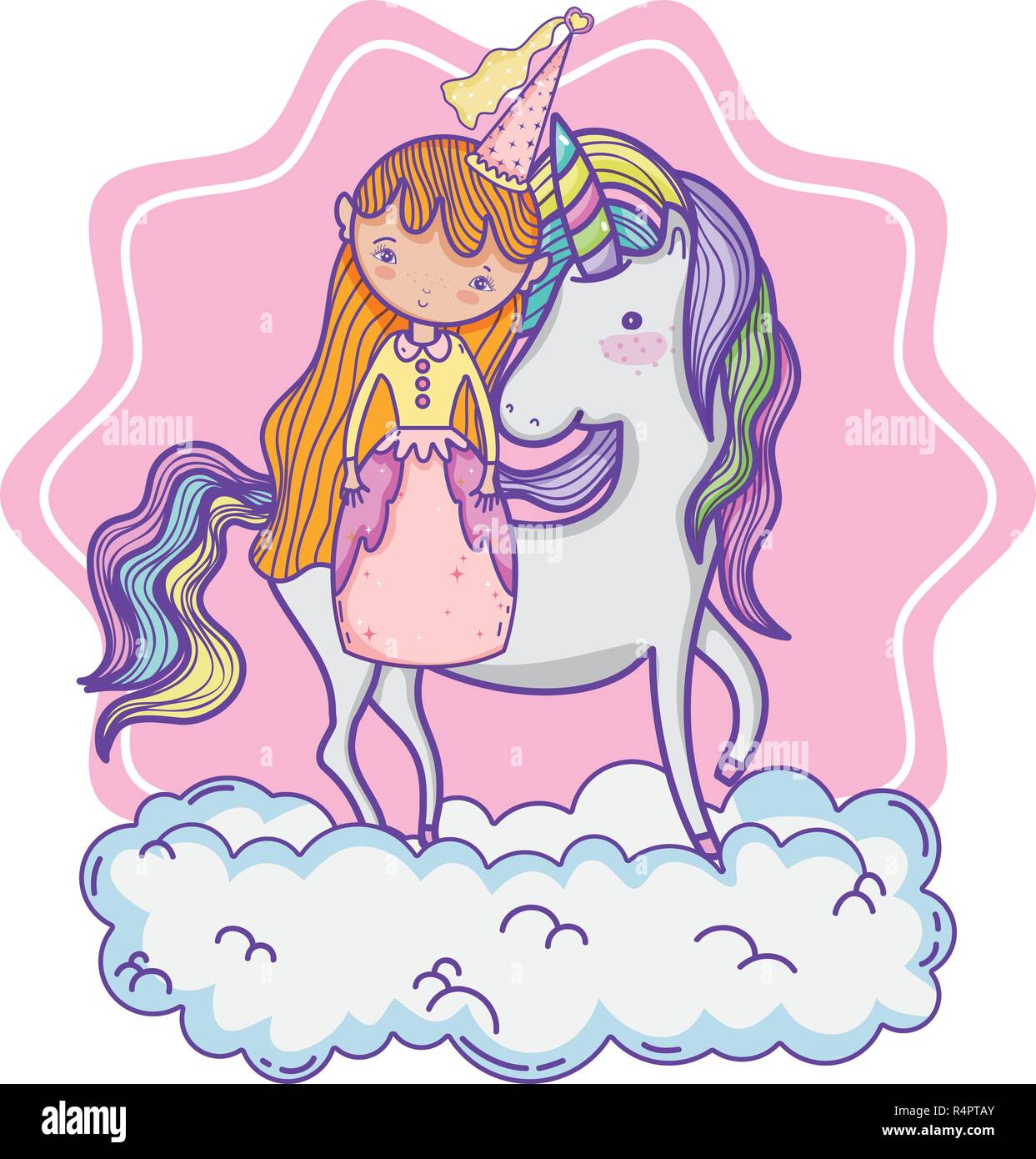 cute magic princess and unicorn over cloud in front pink icon cartoon ...