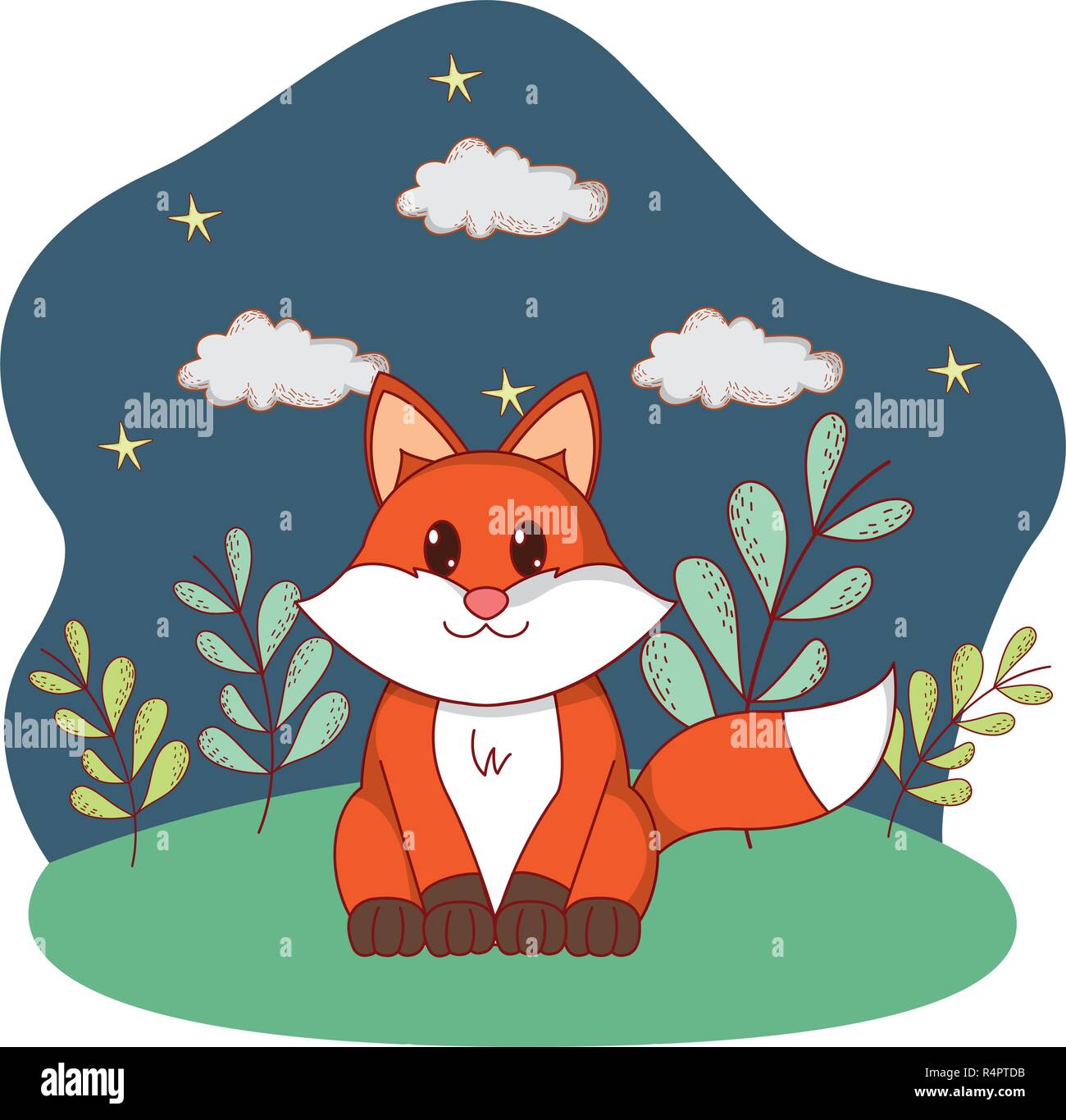 cute animal little fox at night cartoon vector illustration graphic ...