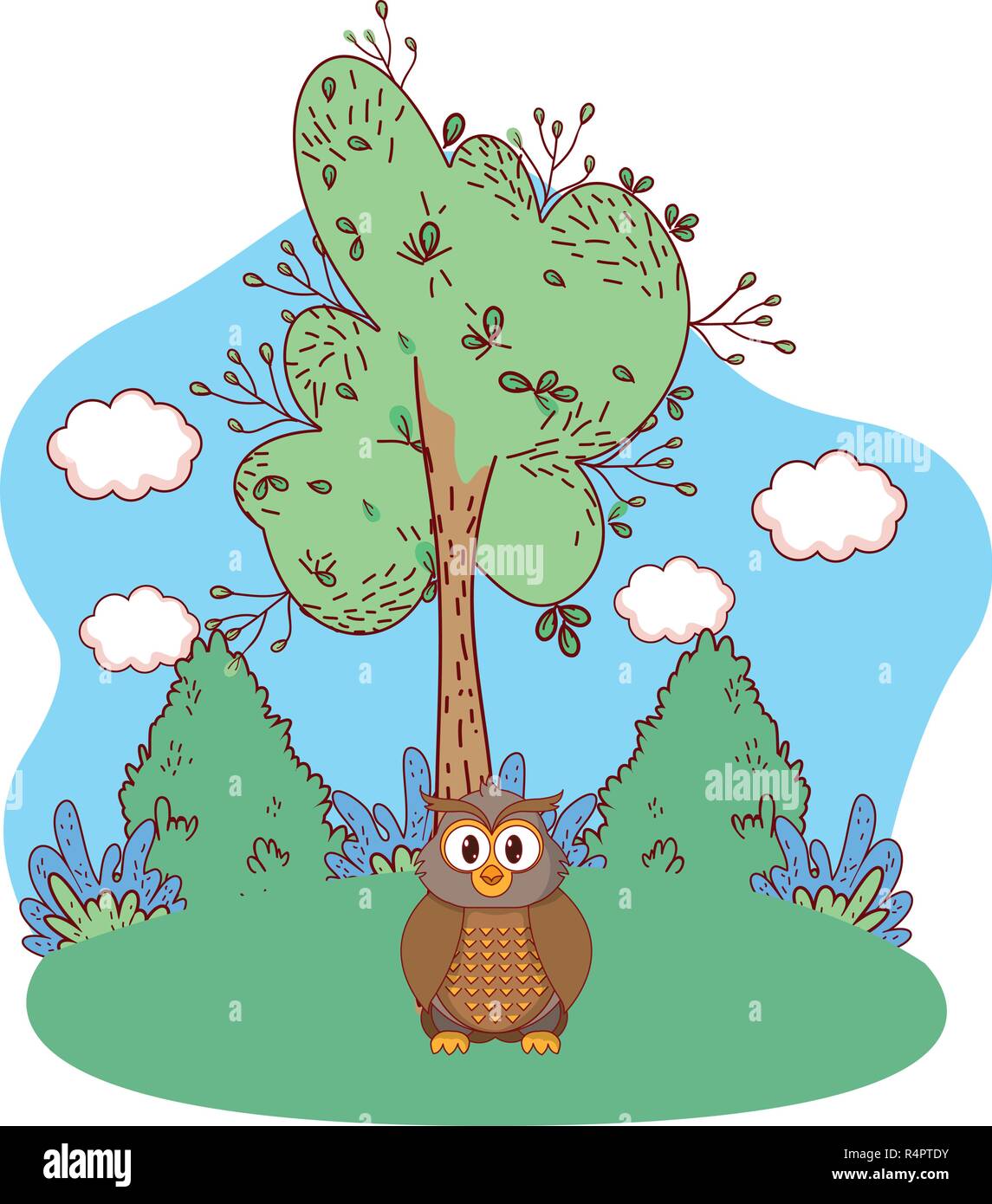 cute animal owl in front tree cartoon vector illustration graphic ...
