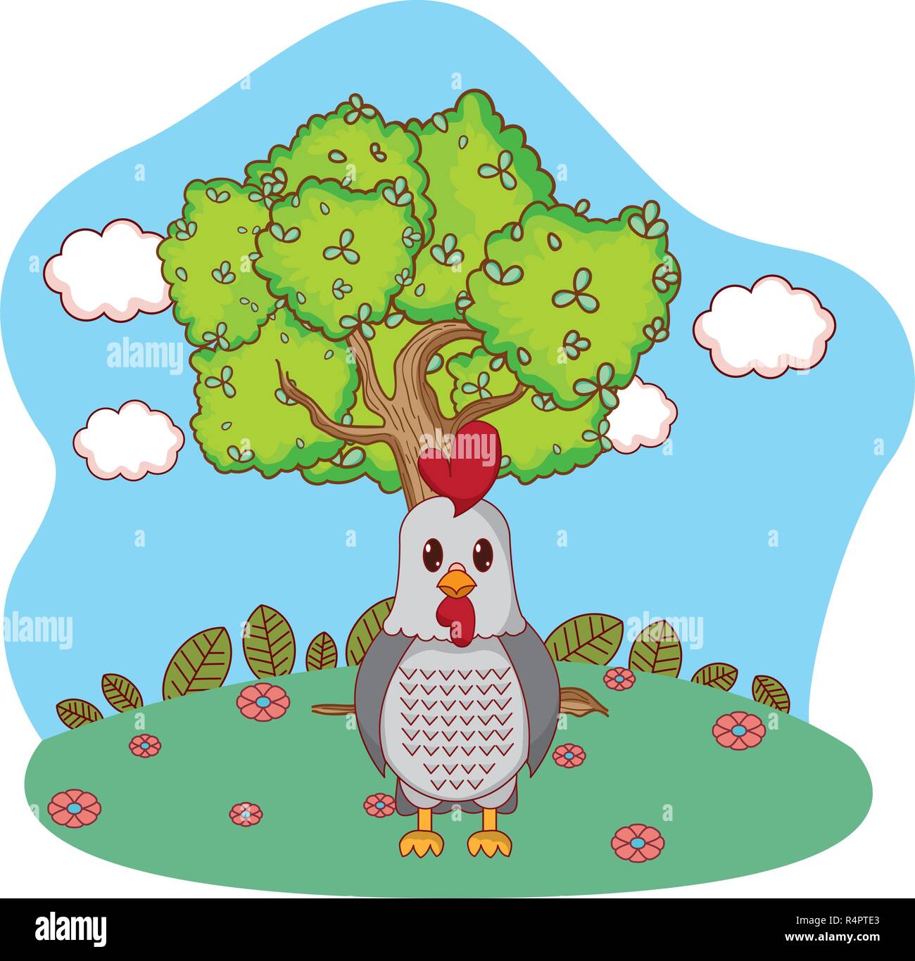 cute animal chicken in front tree cartoon vector illustration graphic ...