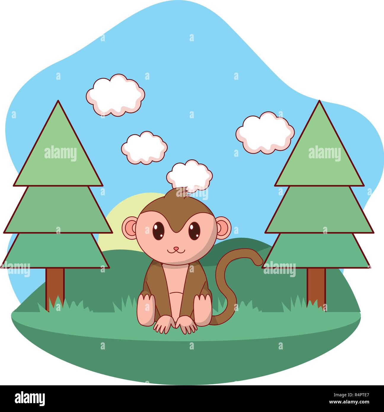 cute animal monkey between pines cartoon vector illustration graphic ...