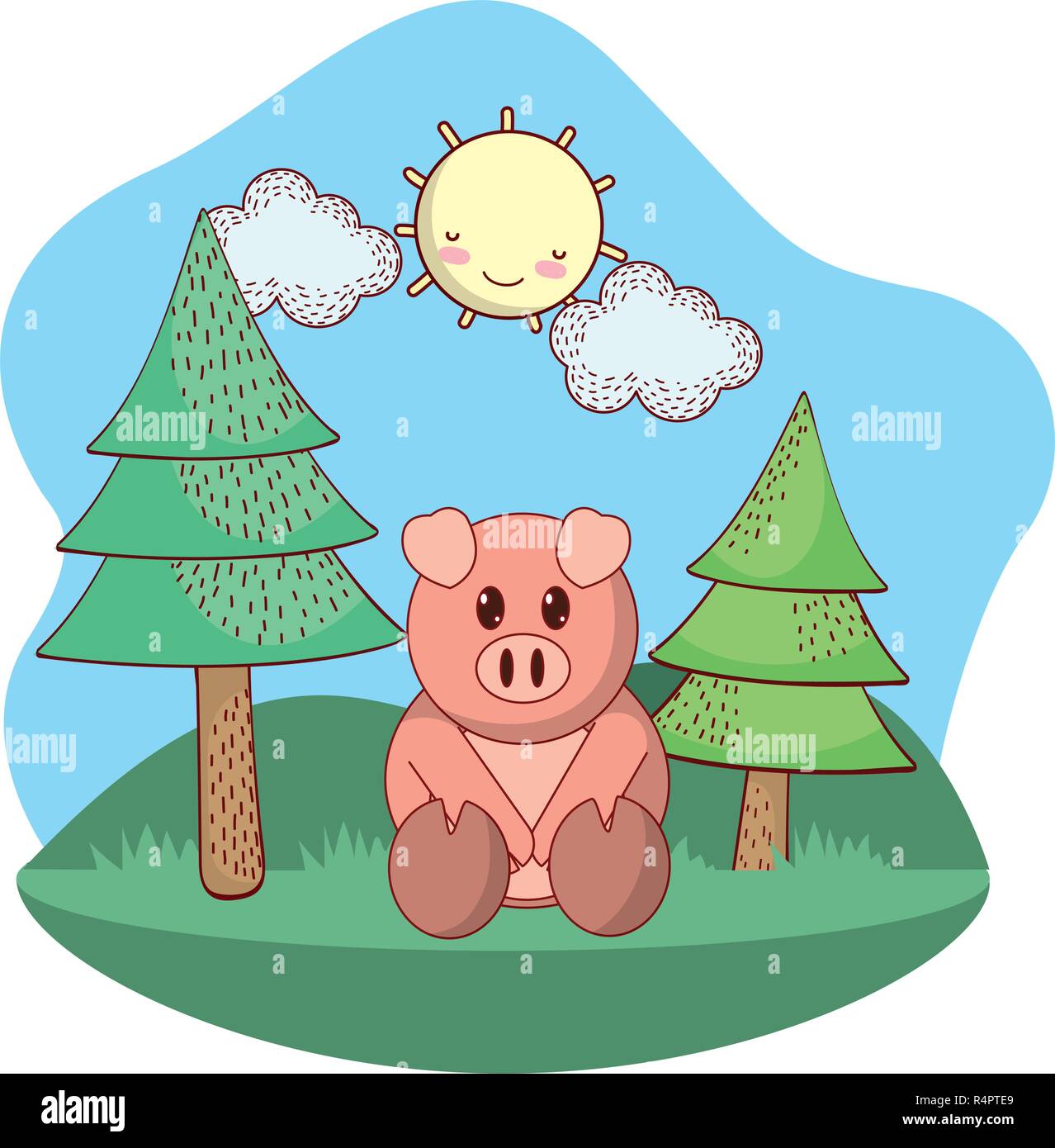 cute animal pig between pines cartoon vector illustration graphic ...