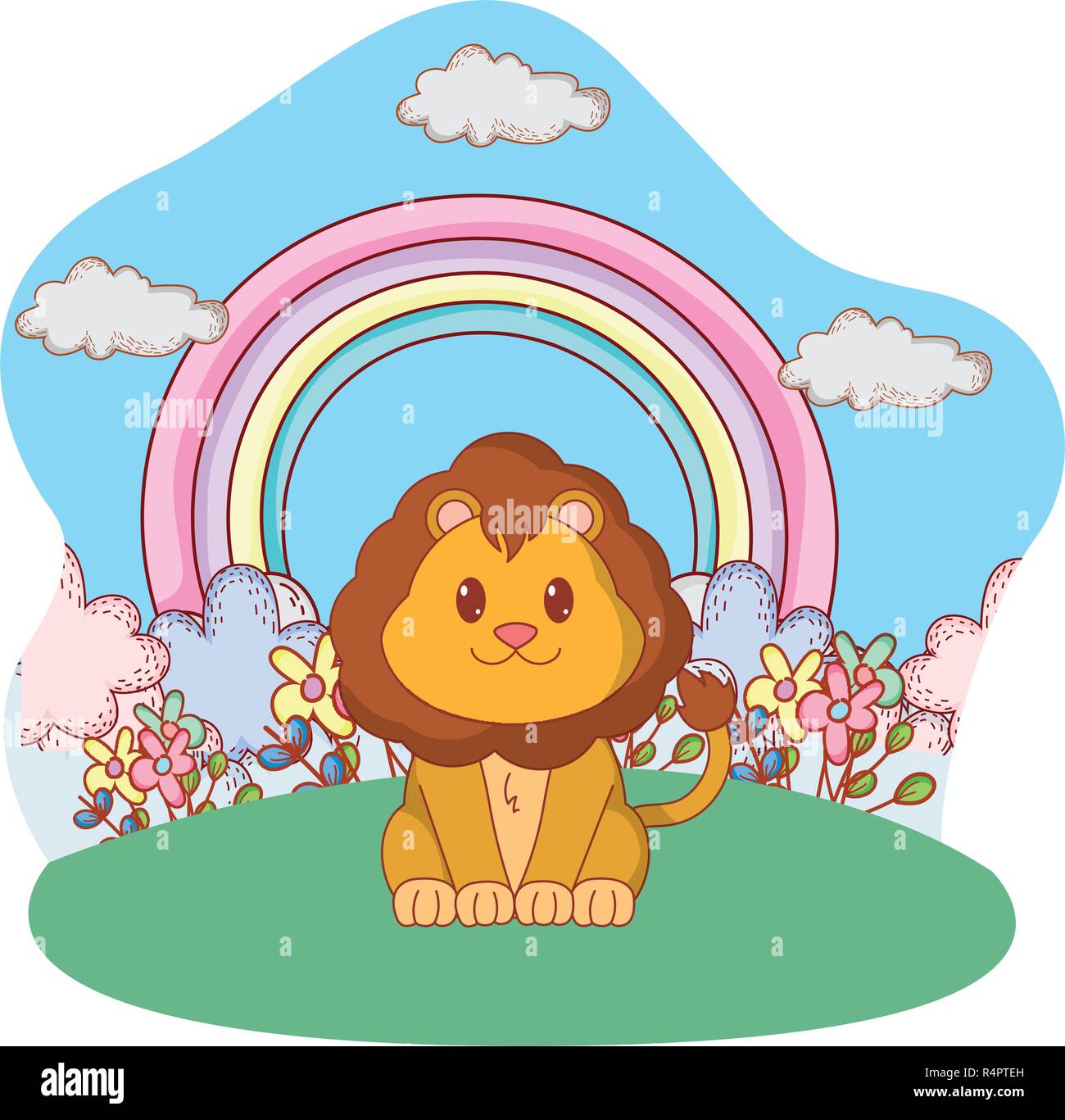 cute animal lion in front rainbow cartoon vector illustration graphic ...