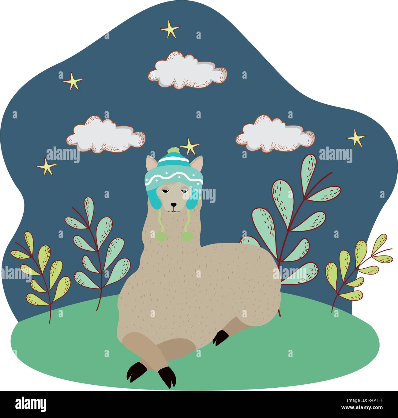 cute animal llama at night cartoon vector illustration graphic design ...