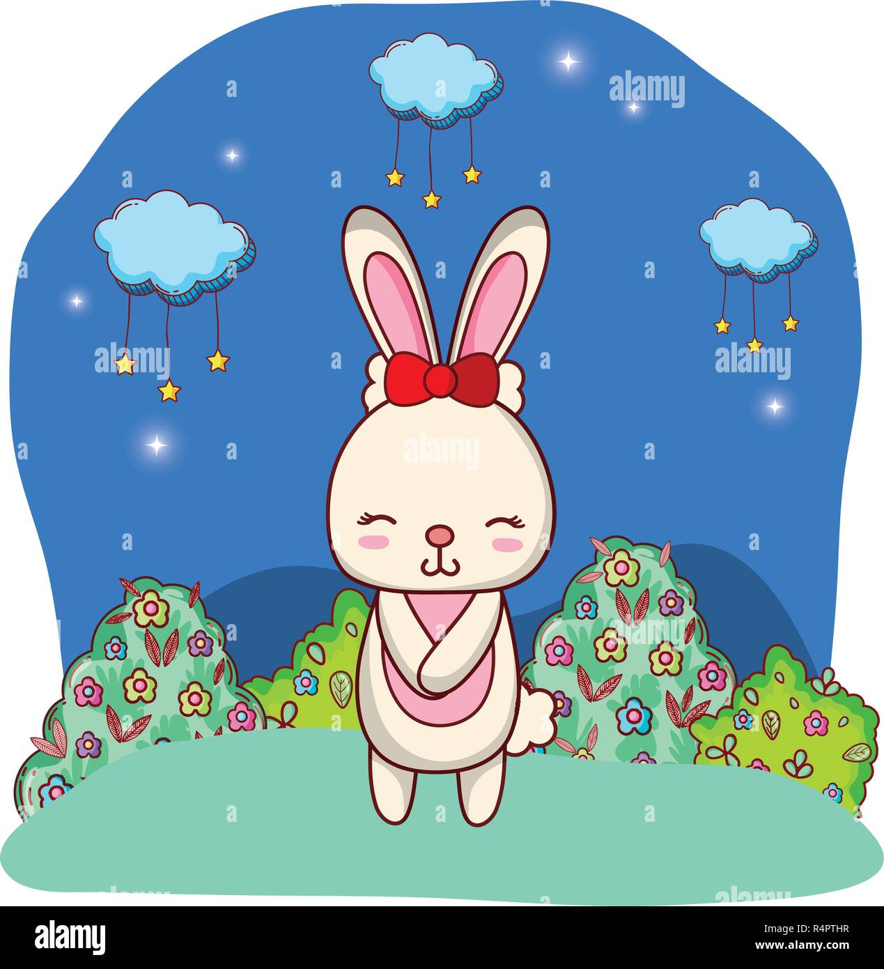 cute animal rabbit at night wearing red ribbon cartoon vector ...