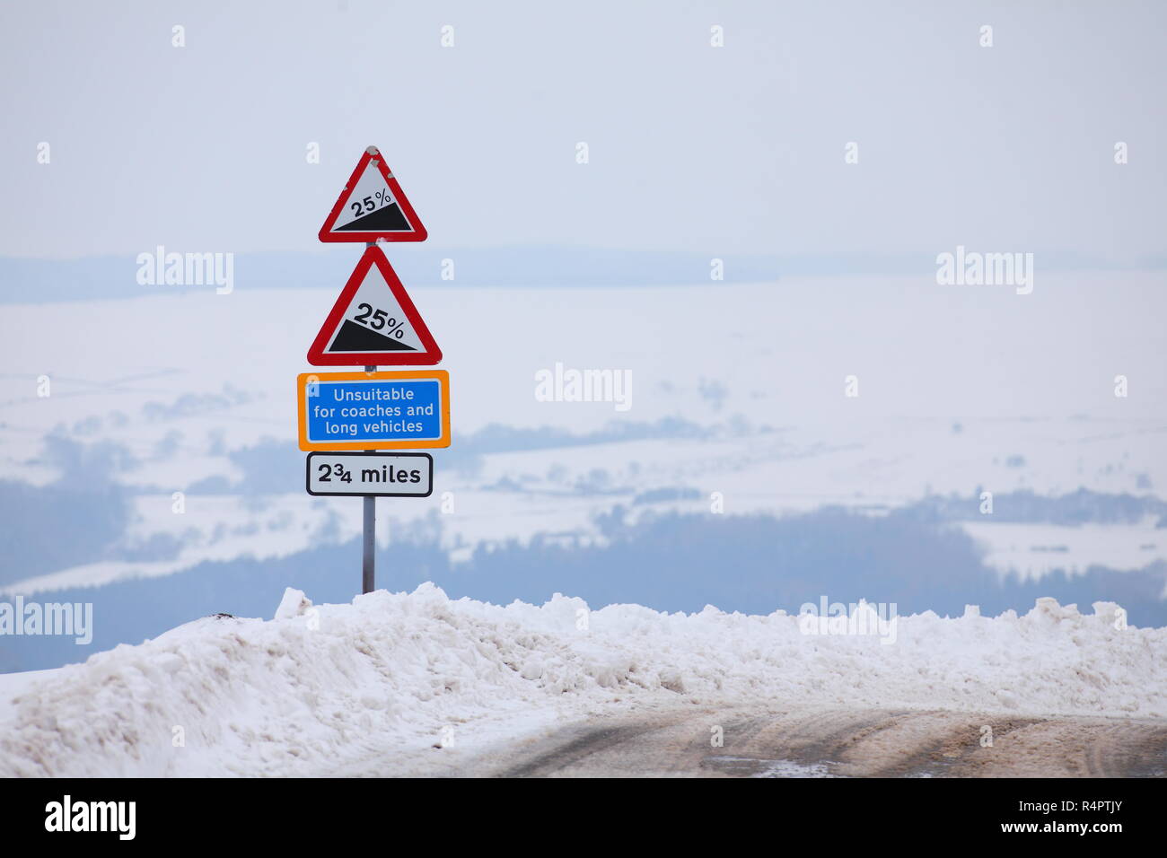 Warning signs for motorists alerting them to a steep incline and ...