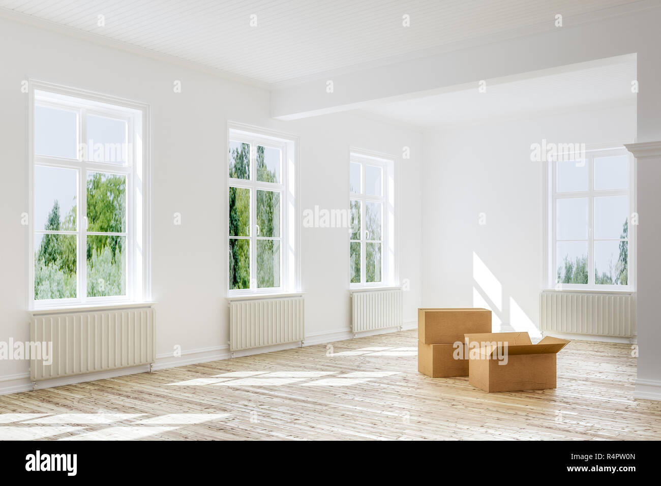 Moving in or out - empty boxes on floor of apartment Stock Photo - Alamy