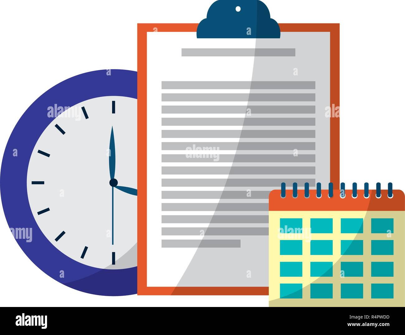 Office elements clipboard and calendar with clock vector illustration ...