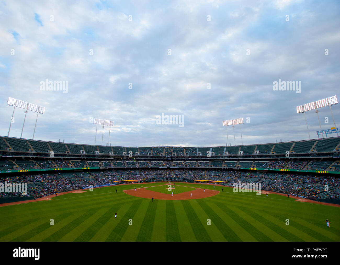 The Oakland Coliseum photographed from center field during a baseball ...