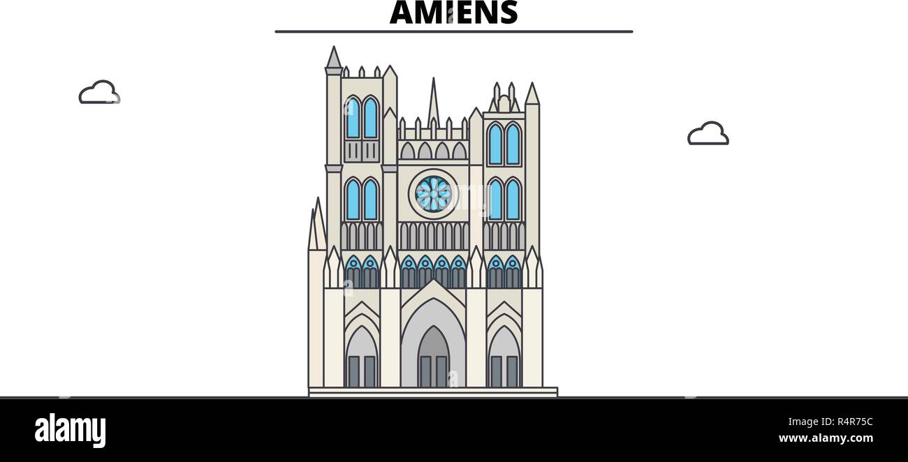 Amiens Cathedral line travel landmark, skyline, vector design. Amiens ...