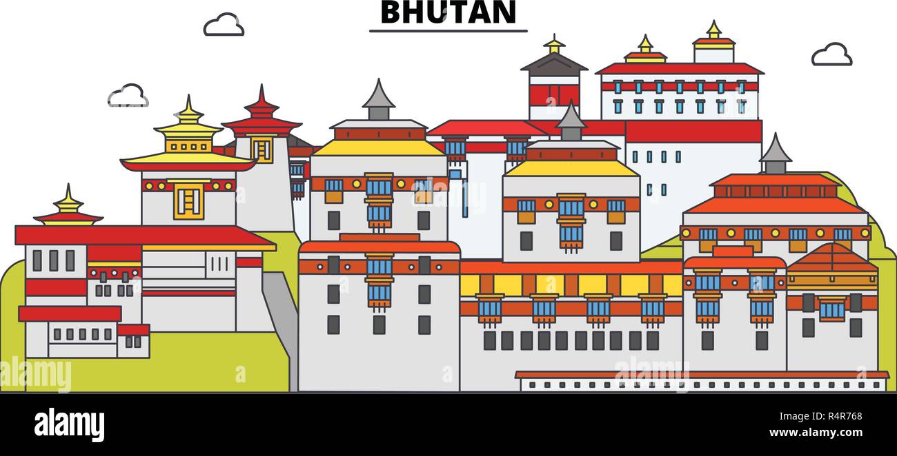 Bhutan line skyline vector illustration. Bhutan linear cityscape with ...