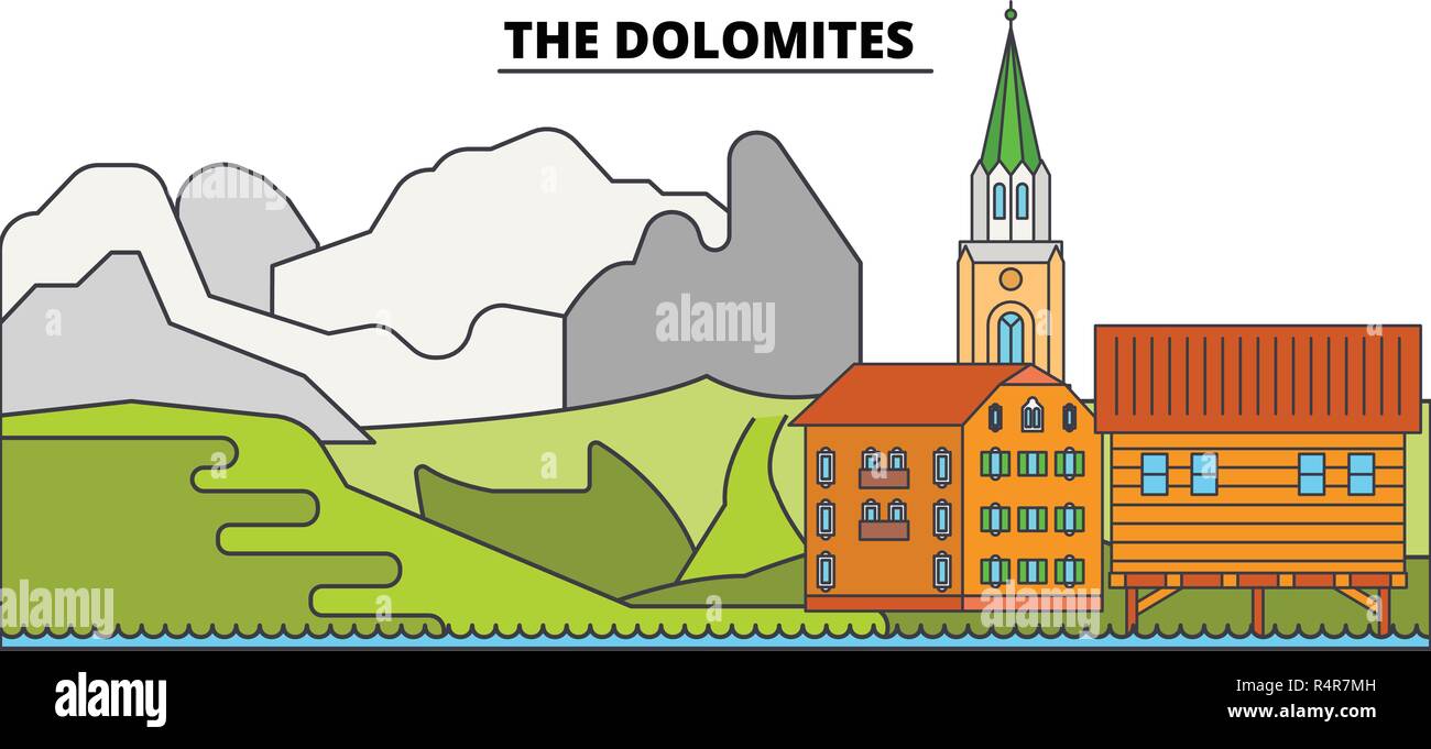 The Dolomites line travel landmark, skyline, vector design. The ...
