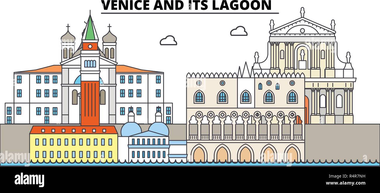 Venice And Its Lagoon line travel landmark, skyline, vector design ...