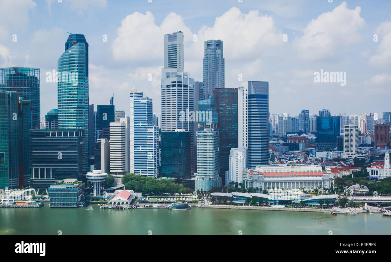 Beautiful super wide-angle summer aerial view of Singapore, with ...