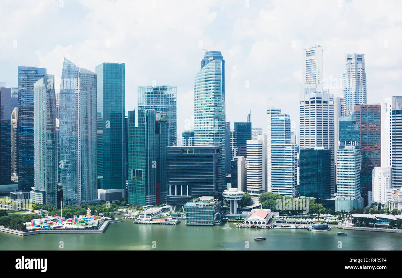 Beautiful super wide-angle summer aerial view of Singapore, with ...