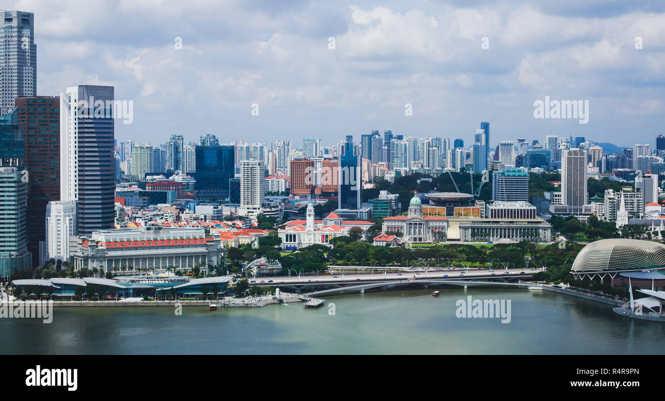 Beautiful super wide-angle summer aerial view of Singapore, with ...