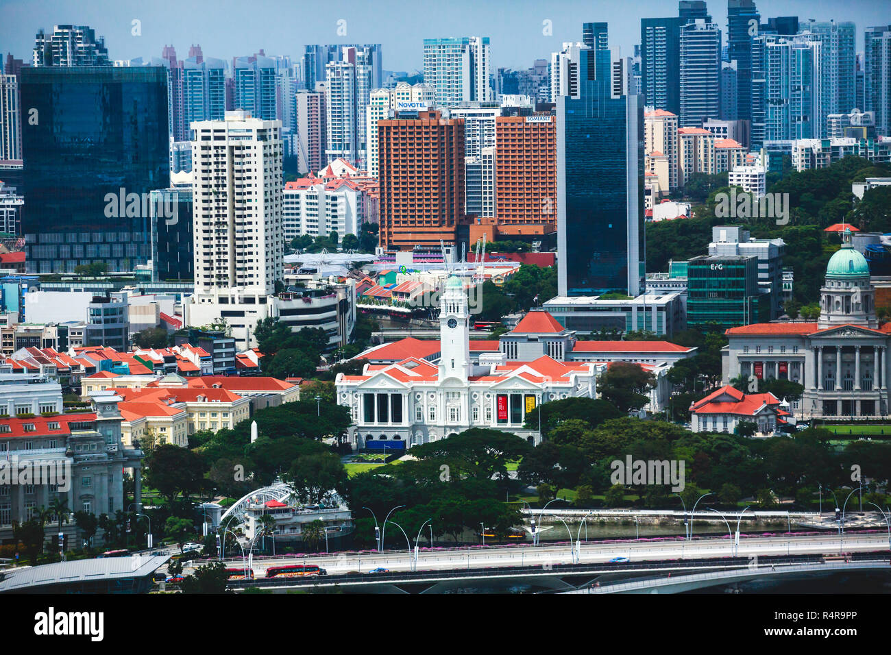 Beautiful super wide-angle summer aerial view of Singapore, with ...