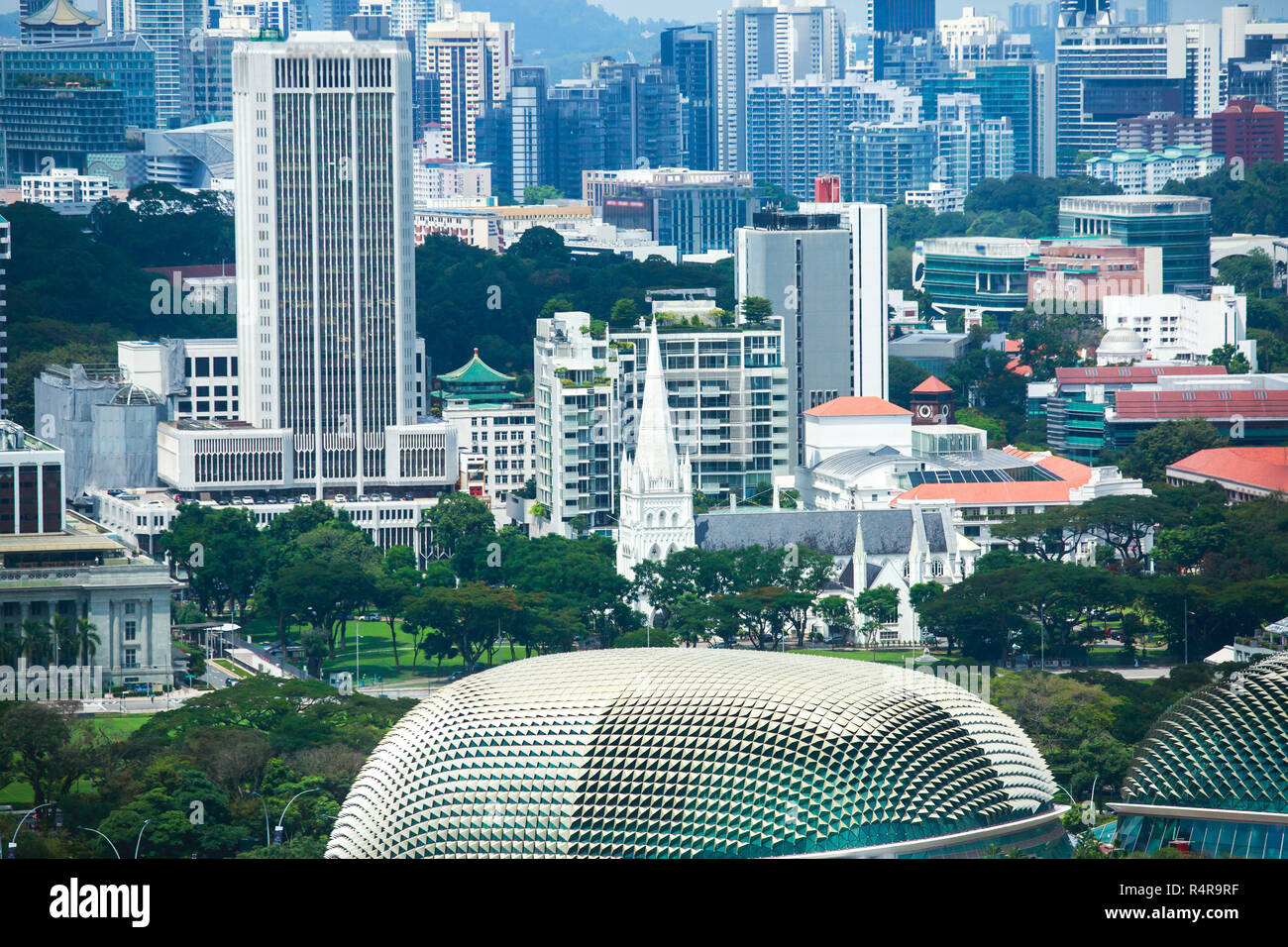 Beautiful super wide-angle summer aerial view of Singapore, with ...