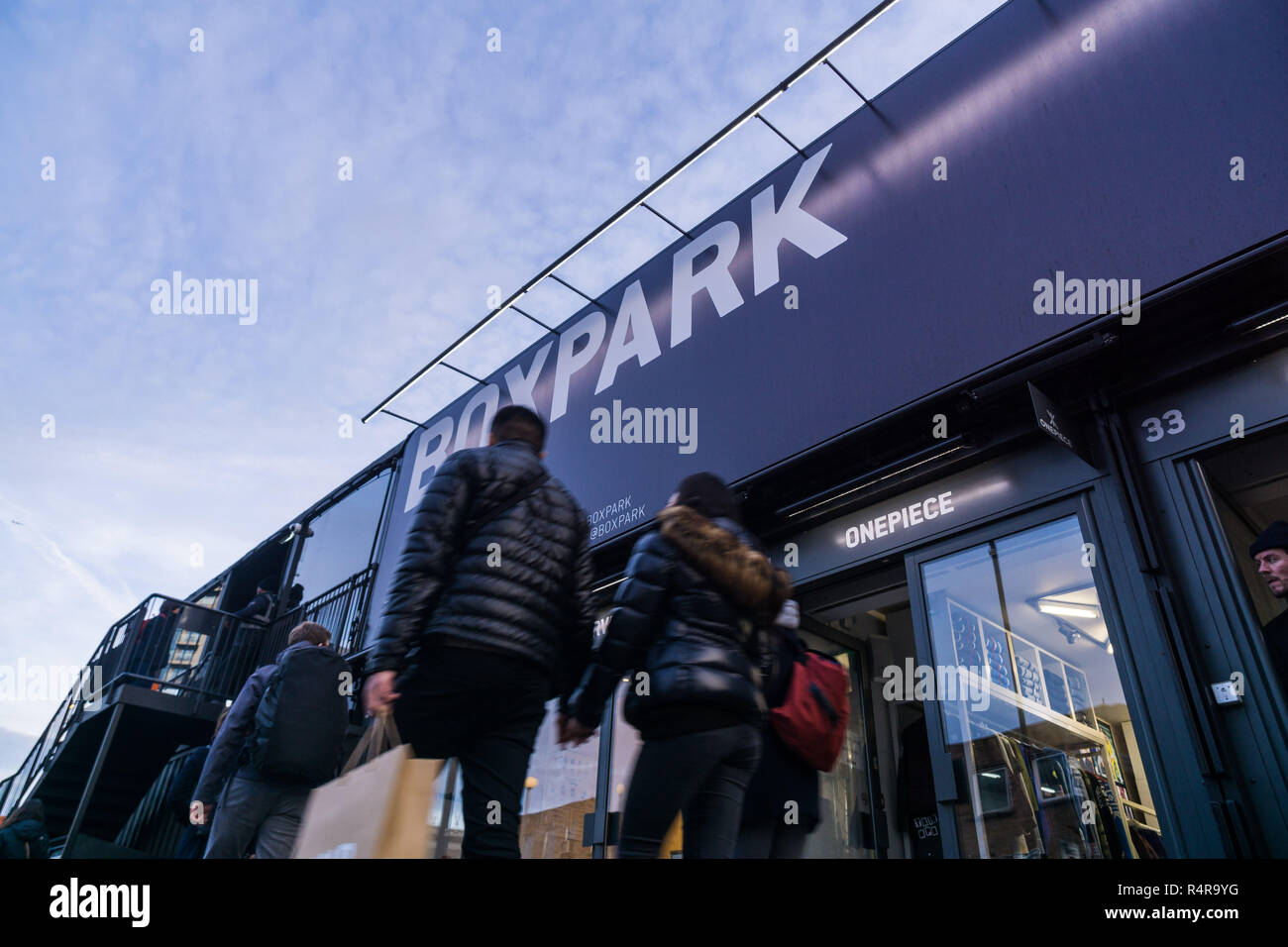 Boxpark in Shoreditch London, a shopping and food mall made from re ...