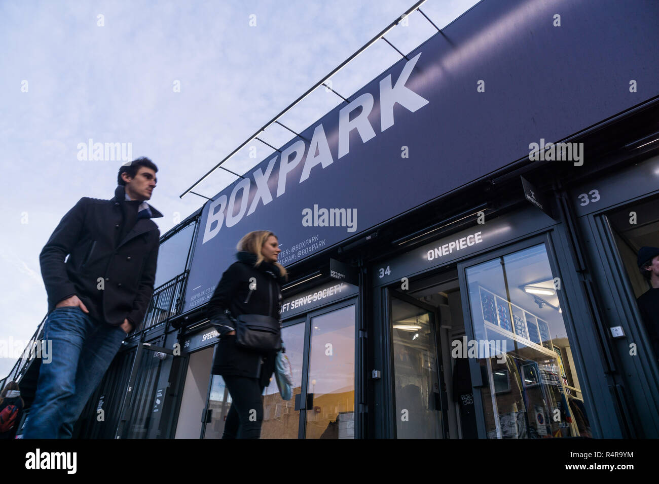 Boxpark in Shoreditch London, a shopping and food mall made from re ...