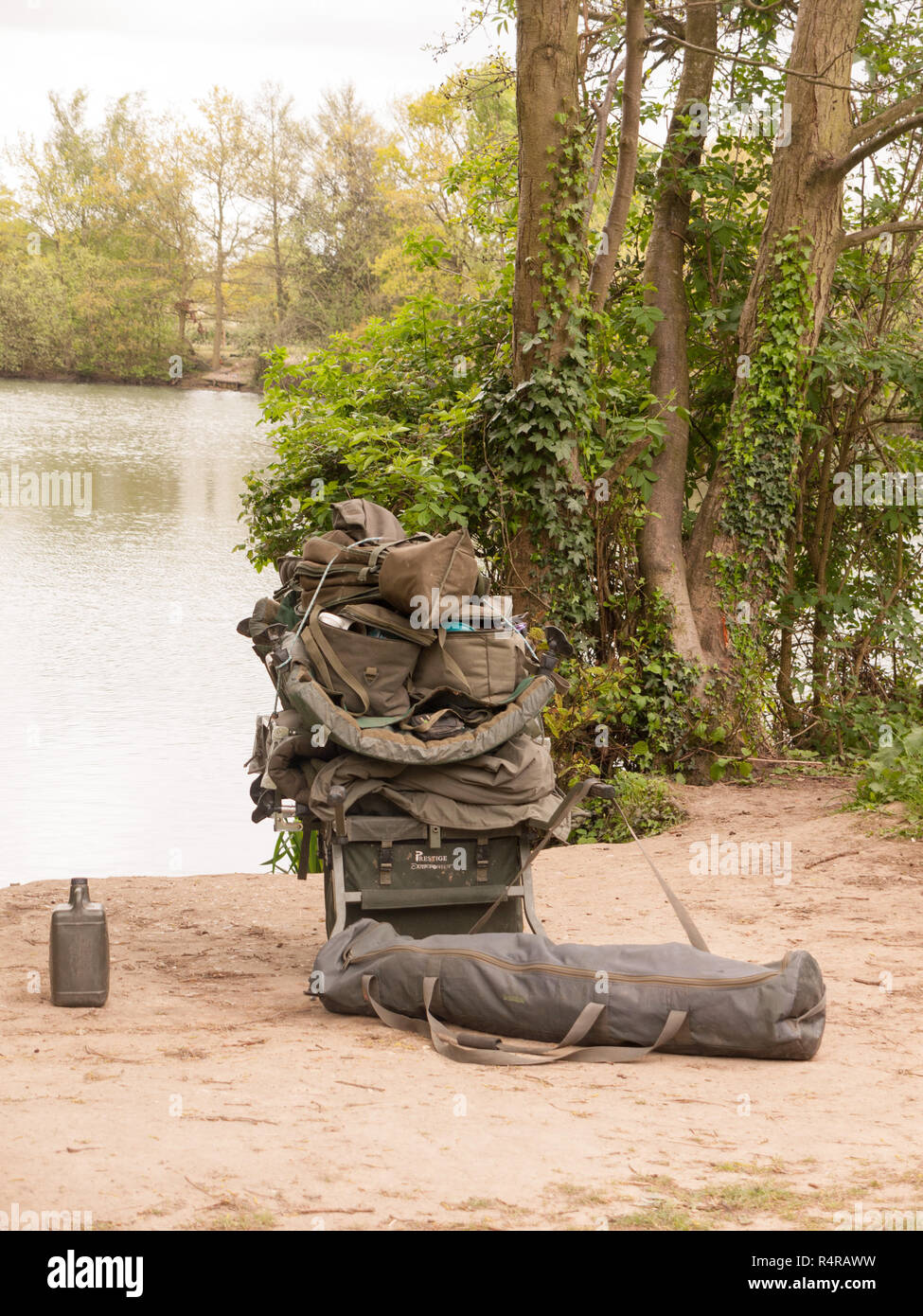 fishing equipment lakeside no used stacked new Stock Photo - Alamy