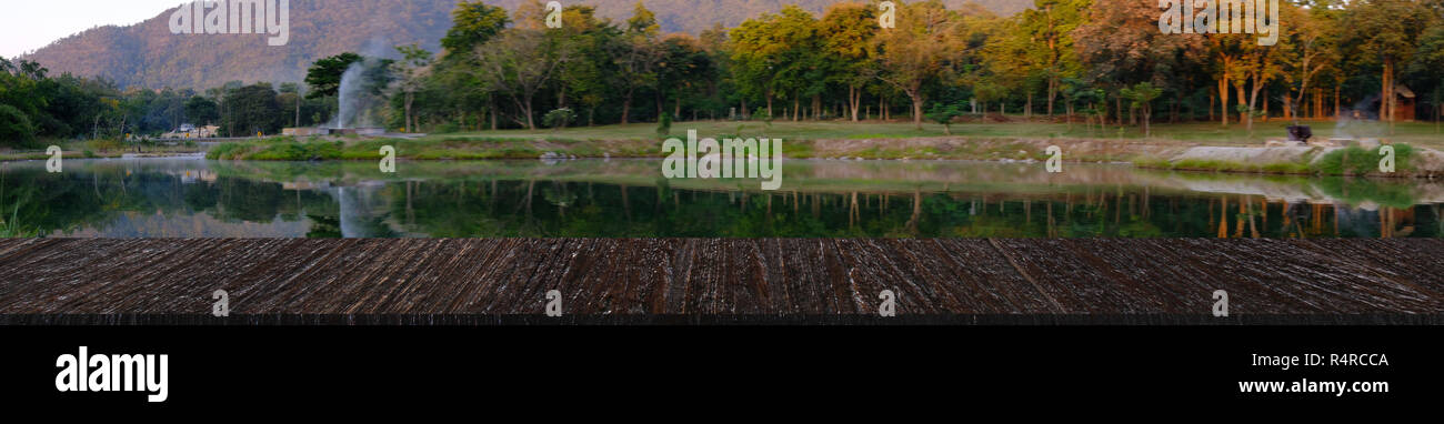 tree forest mountain lake nature landscape scenery with wood table for ...