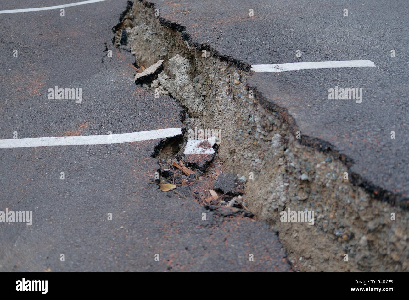 cracks on asphault rural road. damaged collapsed street Stock Photo - Alamy